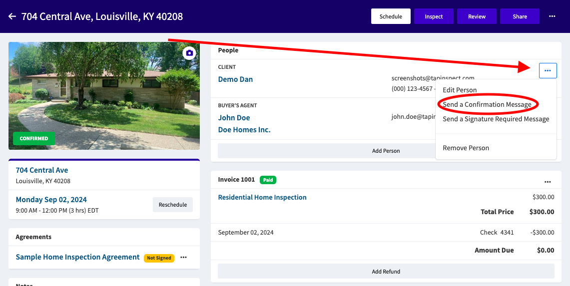 Resend Confirmation Message – Tap Inspect Support